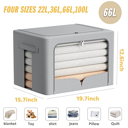 3 Pack Clothes Storage Organizer Bins - Foldable Metal Frame Storage Bins Stackable Oxford Cloth Fabric Container Organizer Set with Carrying Handles and Clear Window (Large-66L, Gray)