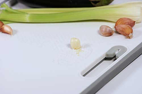 3-in-1 Plastic Cutting Board with Built-In Knife Sharpener, Garlic Grater, Raised Juice Catcher, Slip-Resistant Bottom, Non-Stick Food Prep Surface, Meat, Vegetable, Cheese