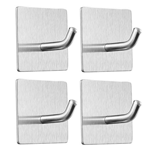 Adhesive Towel Hooks Stainless Steel Heavy Duty Shower Hook Waterproof Wall Hooks Stick on Door Cabinet Robe Rack Hanger for Hanging Clothes, Coats, Bags, Keys, Bathroom Kitchen and Bedroom-4 Packs