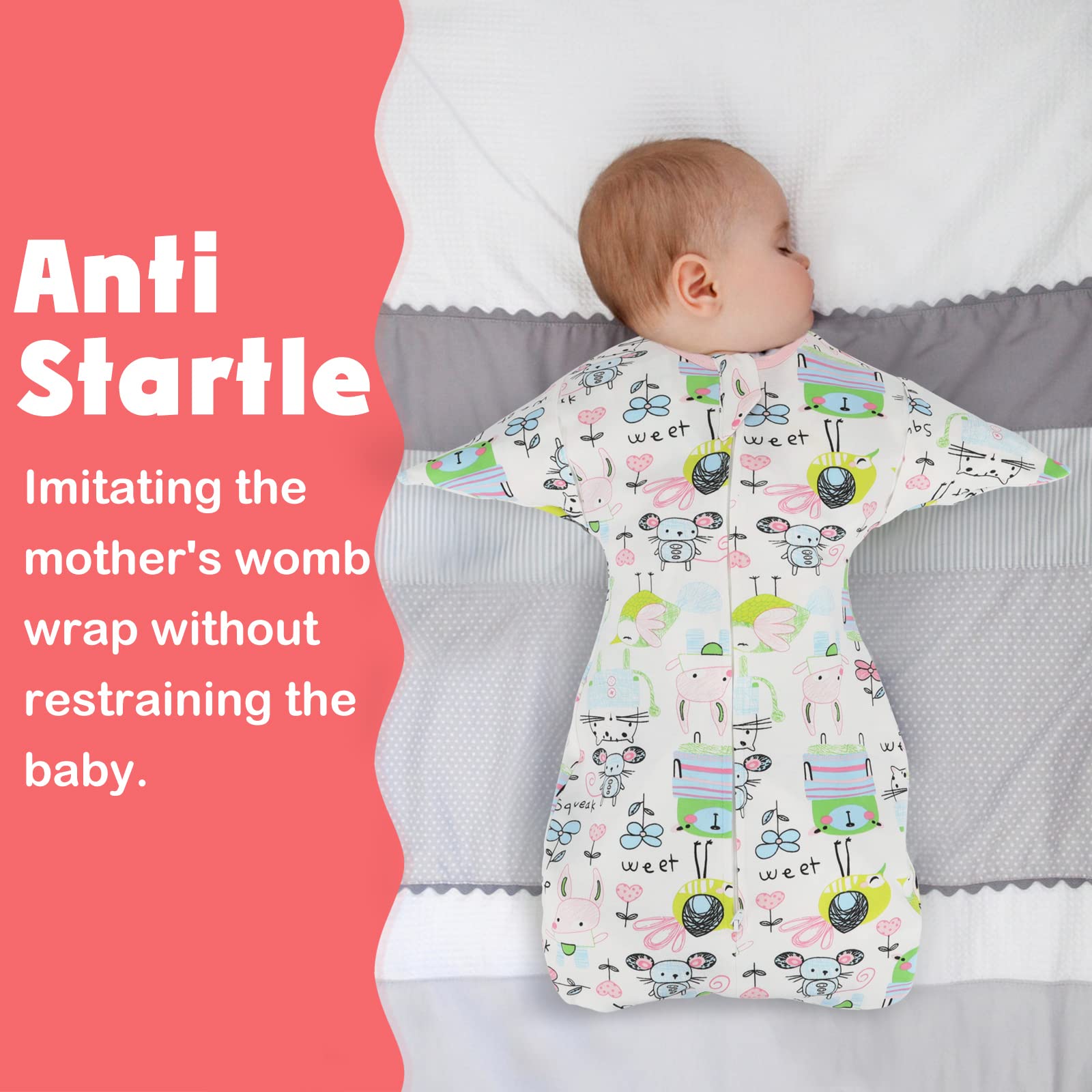 2 Pack Transition Swaddle with 2 Way Zipper, 100% Cotton Baby Swaddle Arms in/Out Arms Free Design Transitional Swaddle, Arms Up Sleeping Sack Baby Sleep Sack (Strawberry & Flower, Medium 3-6 Months)