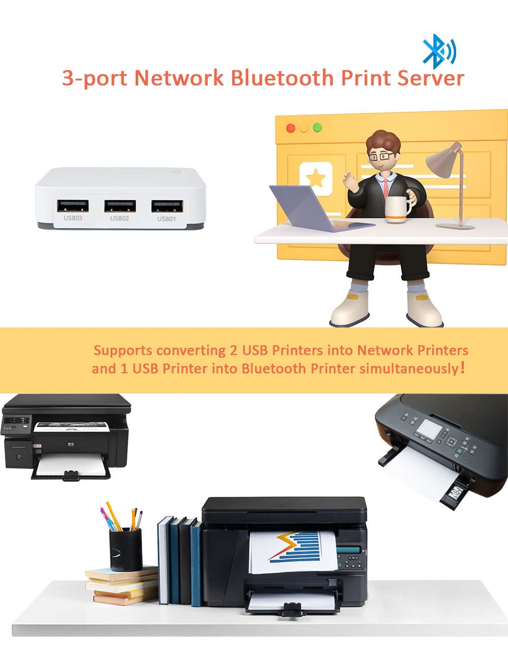 3-Port USB Blue~Tooth Network Print Server | Converts USB Printers to Wireless Network & Blue~Tooth Printers for Windows