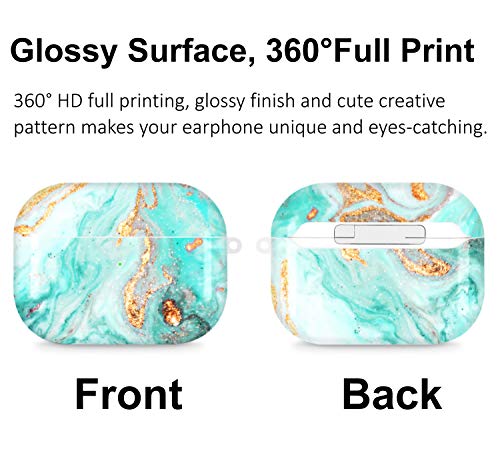 A-Focus Compatible with AirPods Pro Case Marble, Blue Green Marble Texture Smooth IMD Design Series Shock Proof Flexible Slim TPU Cover Case with Carabiner for AirPods Pro Glossy Blue Green