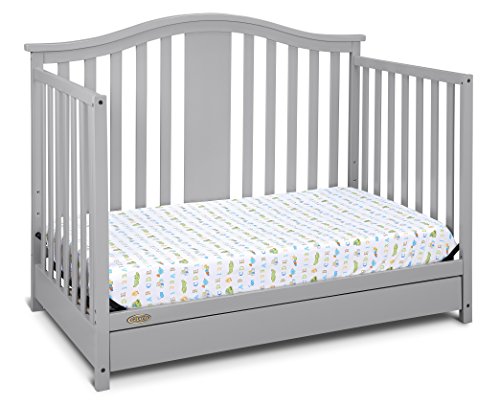Graco Solano 4-in-1 Convertible Crib with Drawer (Pebble Gray) – GREENGUARD Gold Certified, Crib with Drawer Combo, Includes Full-Size Nursery Storage Drawer, Converts to Toddler Bed and Full-Size Bed