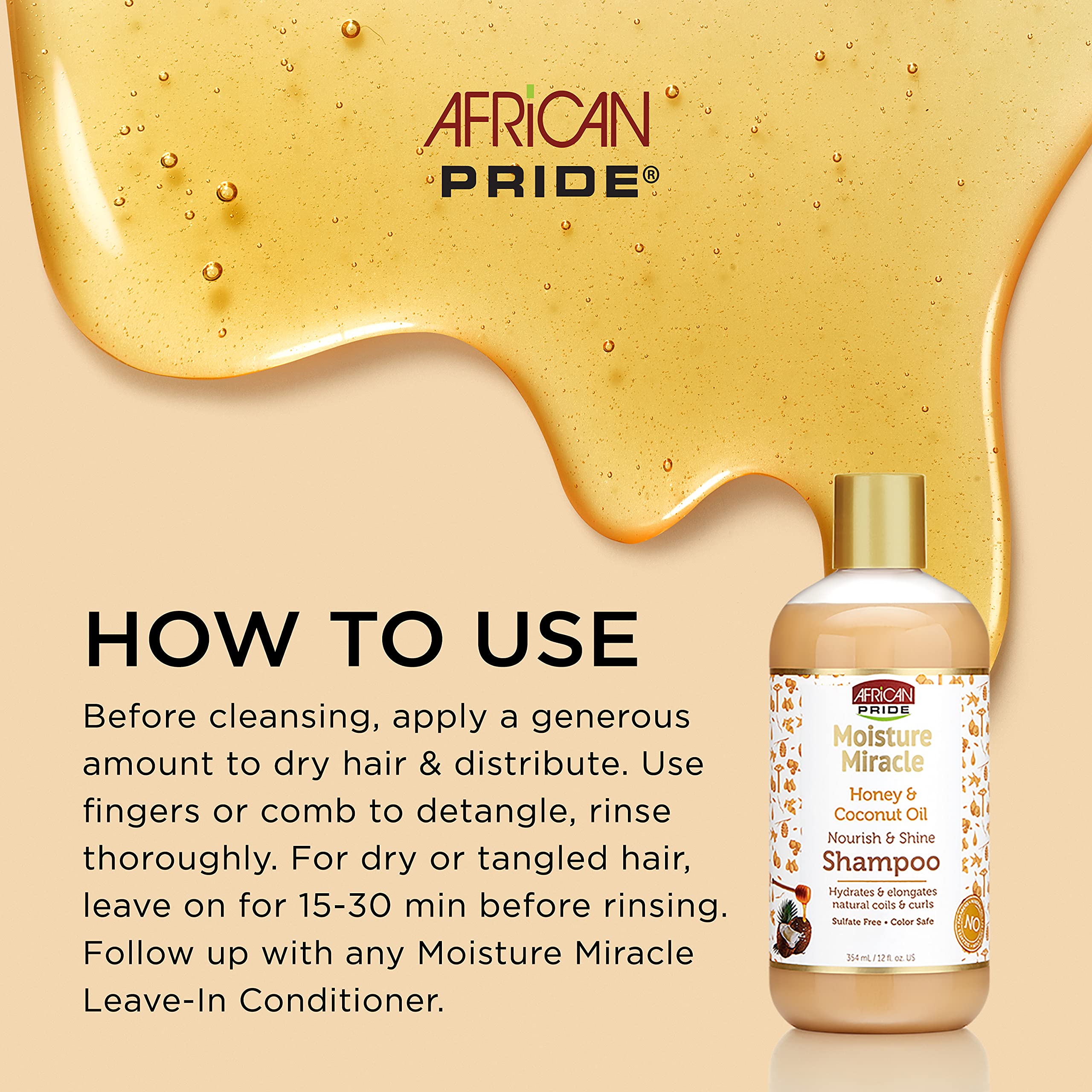 African Pride Moisture Miracle Honey & Coconut Oil Shampoo - For Natural Coils & Curls, Nourishes & Shines, Sulfate Free, Color Safe, 12 oz (3 Pack)