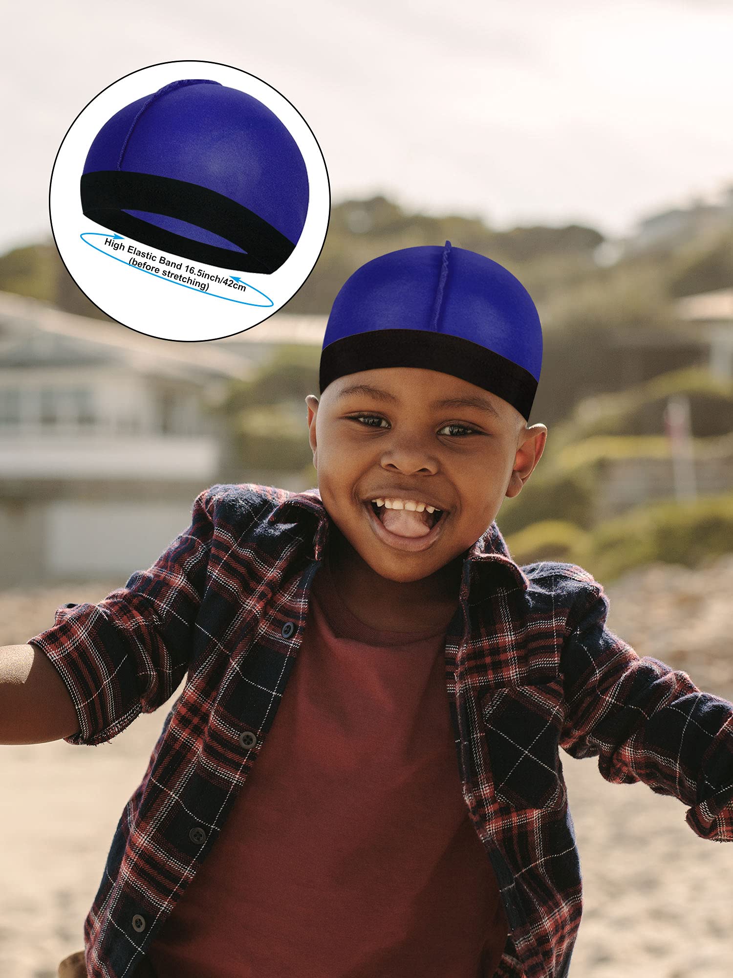 4 Pieces Kids Silky Durag with Wave Caps Set Unisex Baby Durags Long Tail and Wide Strap Headwraps Turban Beanies (Black, Navy Blue)