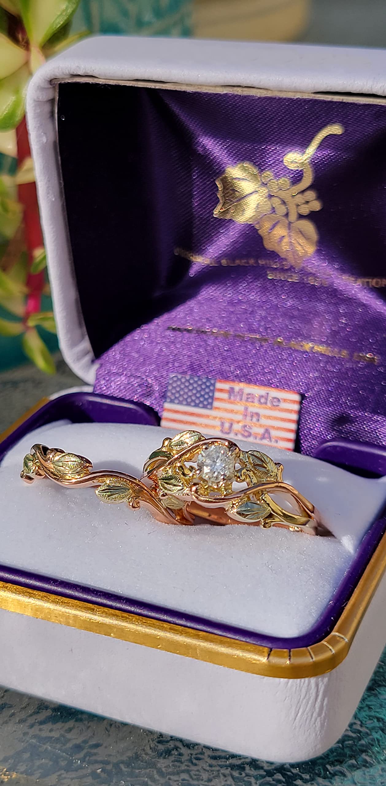 10k Rose and Yellow Gold, Foliage Diamond Engagement and Wedding Ring Set, 12k Green Black Hills Gold Size 9