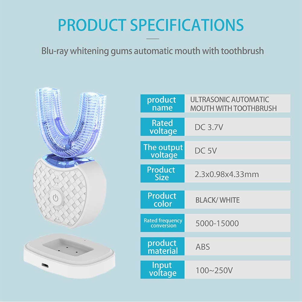 Electric Ultrasonic Toothbrush,360 Automatic Toothbrush,360 Sonic Electric Toothbrush,U Shape Automatic Toothbrush Home Travle use (White) (White)