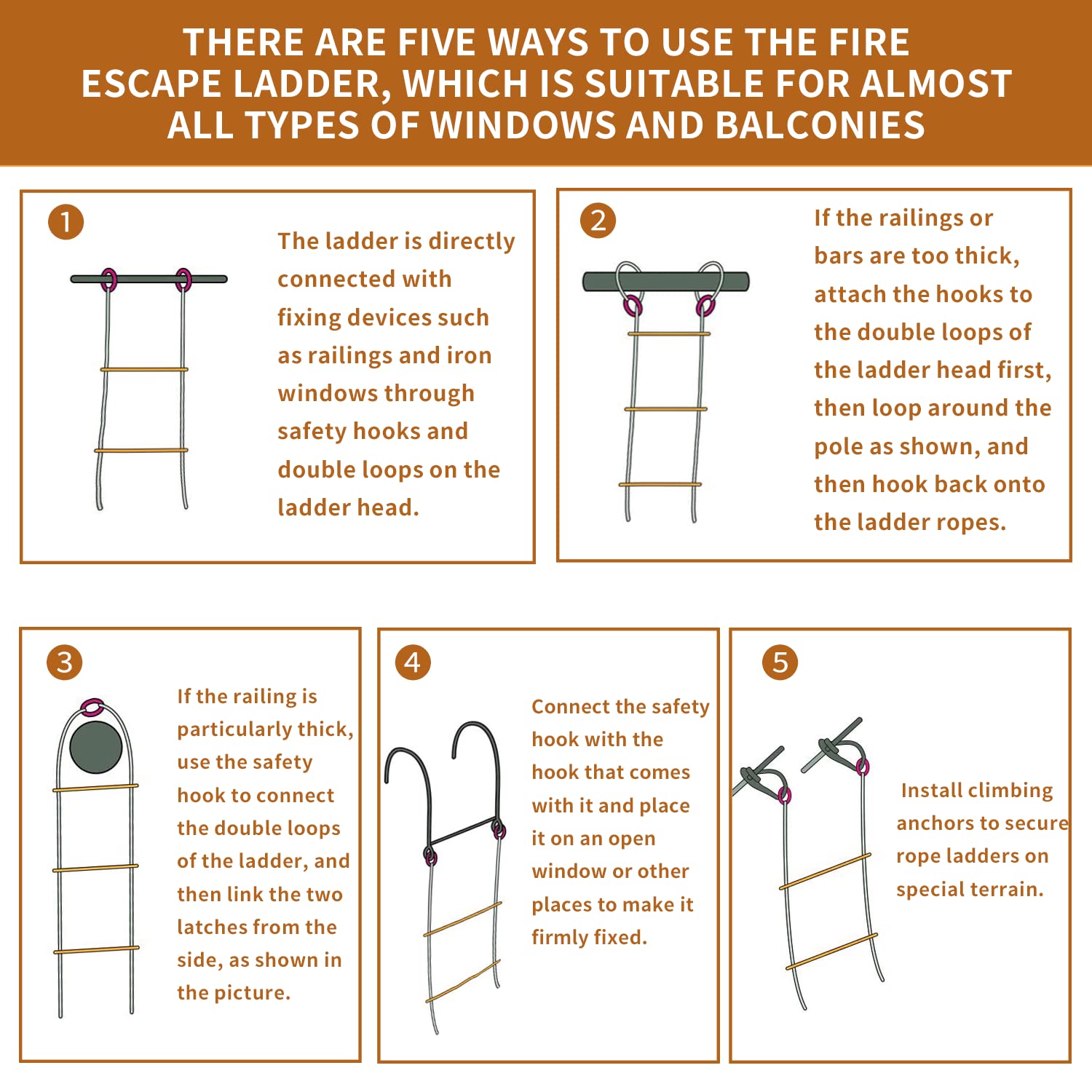 2.5M Safety Balcony Fire Escape Ladder with Hooks Carabins | 1 Story for Adults and Kids |Reusable Multi-use for Treehouse|Weight Capacity up to 2000 lb 8ft