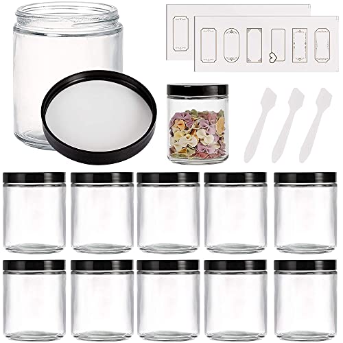 12 Pack 8 oz Clear Glass Jars with Lids, Round Empty Containers for Scrubs, Lotions, Cosmetic, Ointments and Butters, Travel Storage Jar, Black Lids, lables and Spatulas