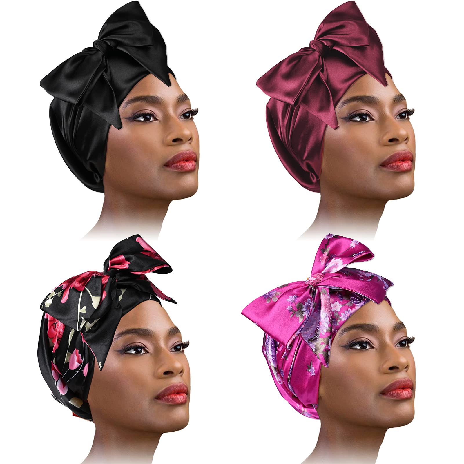 4 Pieces Soft Satin Head Scarf Sleeping Cap Turbans Head Cover Bonnet Head Wear for Women (Set 4)