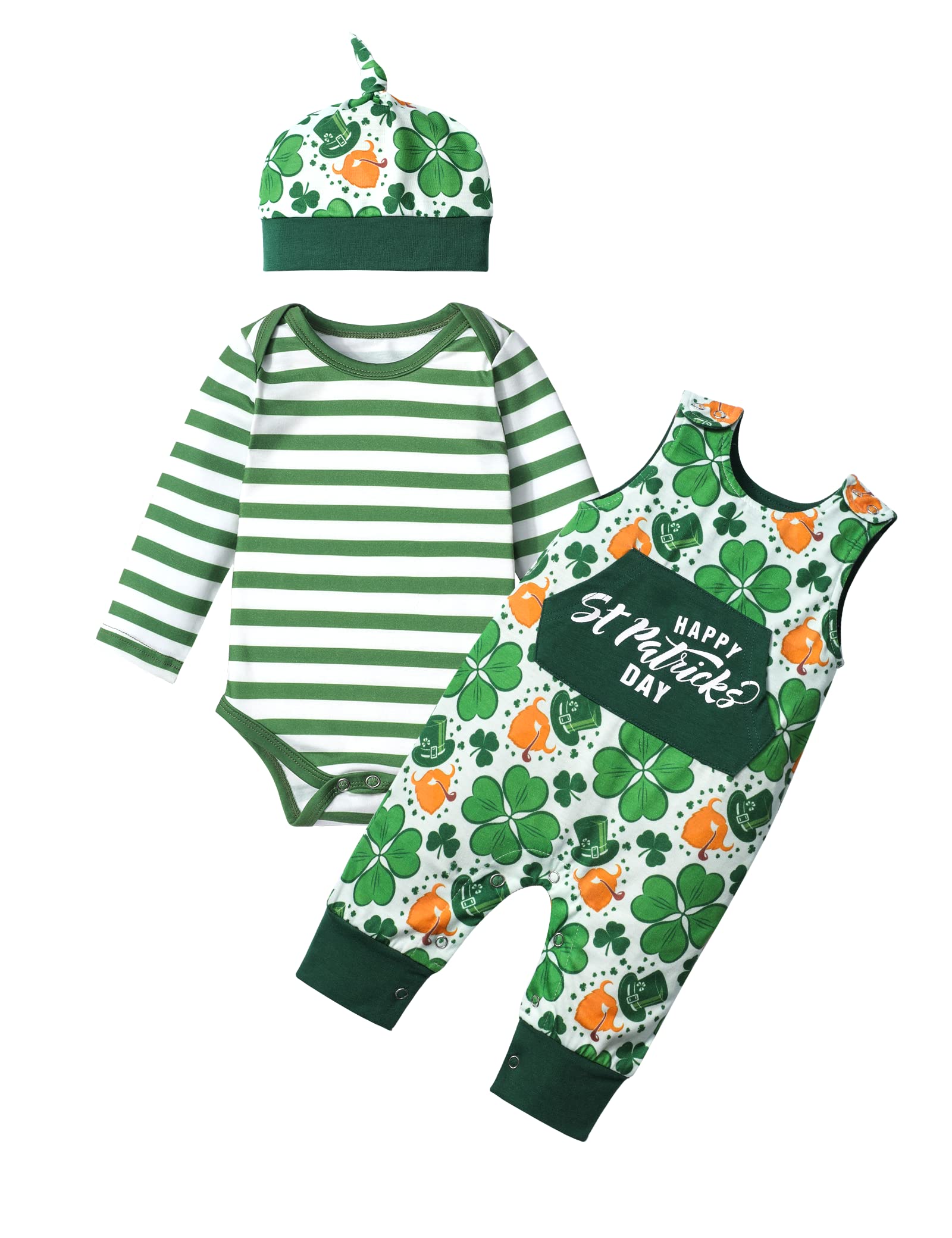 St Patricks Day Baby Boy Girl Outfit 12-18 Months Green Striped Long-Sleeved Four-Leaf Clover Onesie 3-Piece Set St. Patrick'S Day Toddler Boy Outfit Romper