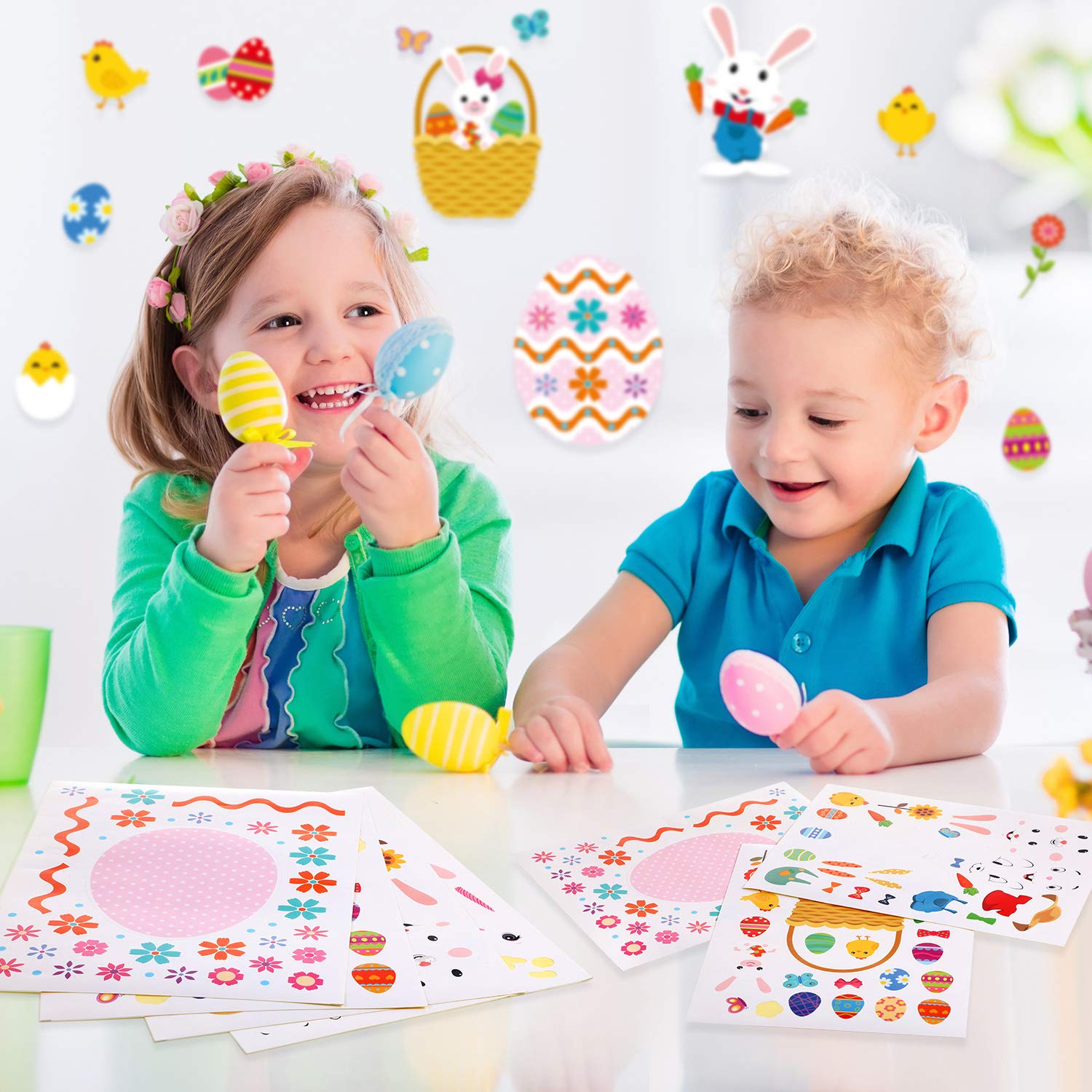 24 Easter Stickers Kids Crafts Make-A-Bunny Stickers, Rabbits Eggs Baskets Sticker Game Easter Stickers for Easter Theme Party Decoration Supplies Favors Fun Craft Project