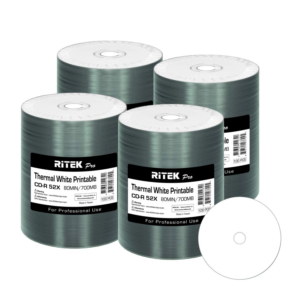 400 Pack Ritek Pro (Professional Grade) CD-R 52X 700MB White Thermal Hub Printable Blank Media Recordable Disc