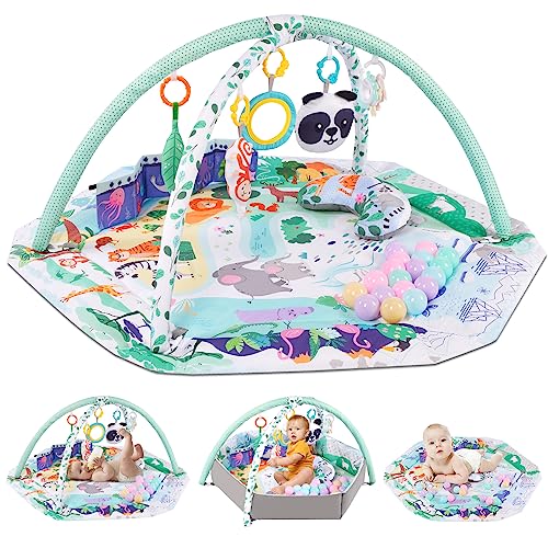 5-in-1 Baby Play Gym Mat, Tummy Time Activity Mat, with 8 Detachable Toys for Newborn Stage-Based Sensory and Motor Skill Development, Baby Play Mats for Floor, Ball Pit, Pet Cushion, Washable