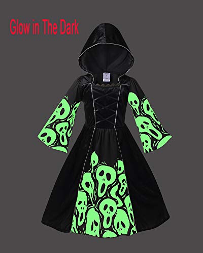 yolsun Skeleton Ghost Witch Costume for Girls, Glow in The Dark, Halloween Fearsome Costume(10-12 Years)