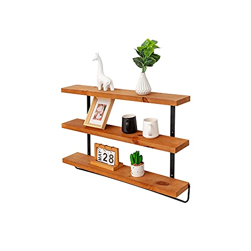 Coral Flower Industrial 3-Tier Floating Shelf with Towel Bar, Walnut