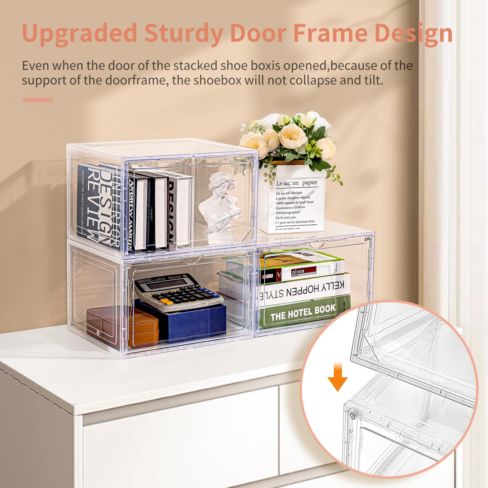 12 Pack Clear Shoe Boxes Stackable,Large Shoe Storage Organizer with Magnetic Door,Drop Side Shoe Containers for Entryway,Sneaker Storage Fit up to US Size 13 for Men/Women(13’’x 10.62”x 8.26”)