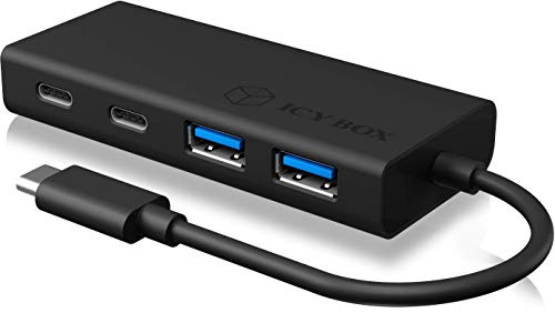Icy Box USB Hub with USB-C Connector and Power Delivery, USB 3.0, Integrated Cable, Aluminium, PD 60 Watt, Black