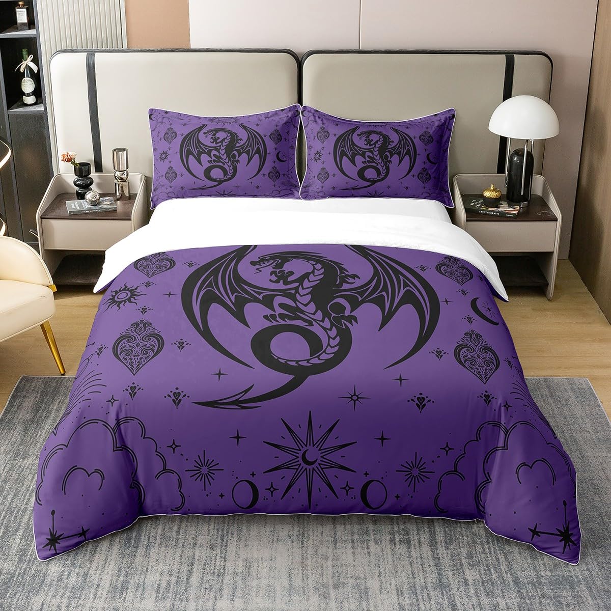100% Cotton Dragon Duvet Cover Sun Moon Stars Exotic Style Decor Bedding Set for Kids Teens Adults Black Purple Wild Animal Silhouette Decor Comforter Cover,2 Pillowcases(No Comforter) King Size 3 Pcs