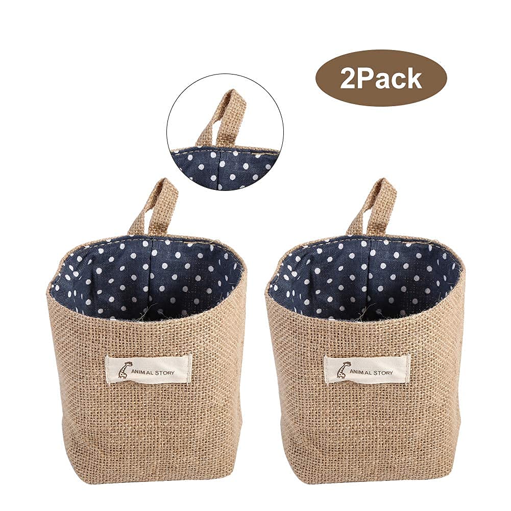 2Pack Cotton Linen Storage Basket Wall Door Hanging Storage Bag Clothes Bag Home Gadget Storage Organizer Foldable Basket Bin (Blue Dot)