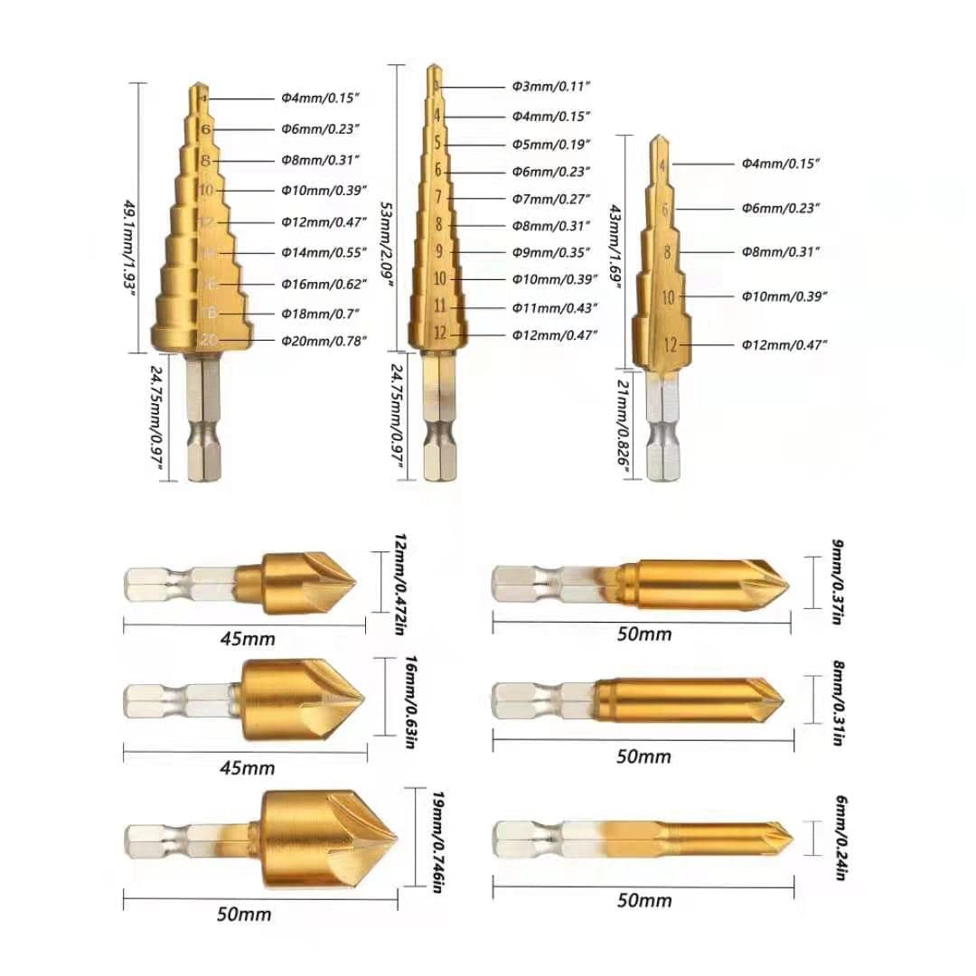ChewSteel Tools,10 Pieces Step Drill Bit Set 1/4 Inch Hex Shank 5 Flute Countersink Drill Bit Set with 5 Inch Center Punch and Bag for Wood Metal Plastic Glass (4-20/4-12/3-12 mm)