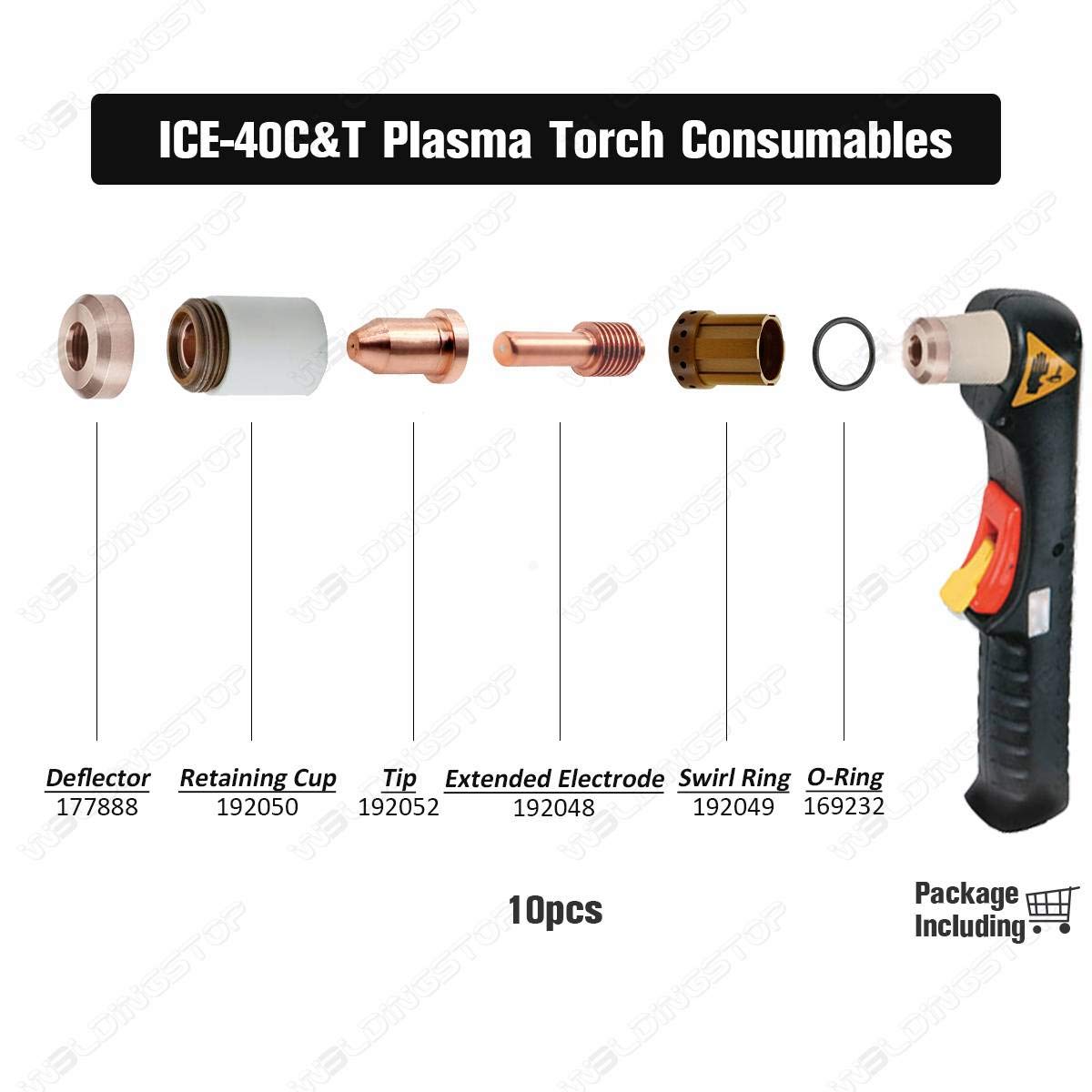 192048 Plasma Extended/Long Electrode fit Miller ICE-40T / ICE-40C / ICE-55C Torch Consumables PK-10