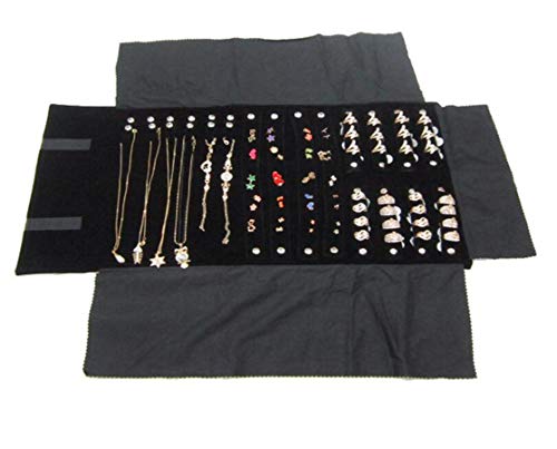 LFHT Velet Travel Jewelry Case Roll Bag Organizer for Necklace Bracelet Earrings Ring, Foldable Jewelry Display Showcase for Shows or Home Storage (Black)