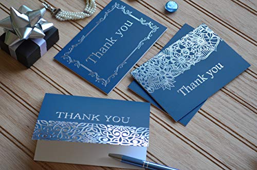 120 Thank You Cards in Navy Blue with Envelopes & Stickers - Elegant 6 Designs Bulk Notes Embossed with Silver Foil Letters for Wedding, Formal, Business, Graduation, Funeral 4x6 Inch Thick Card Stock
