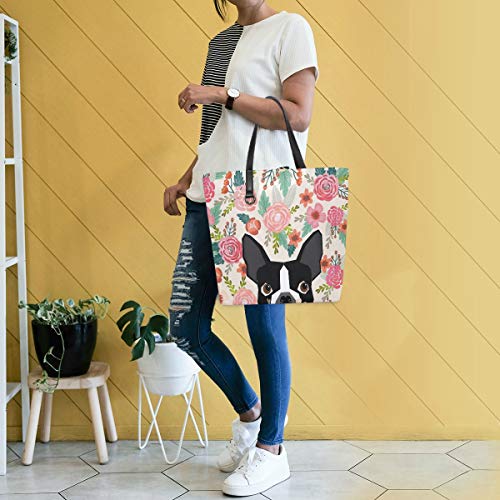 Flowers Boston Terrier Travel Double-sided Reusable Grocery Shopping Gym Tote Bag Portable Storage HandBag - Cute Dog Paw Prints