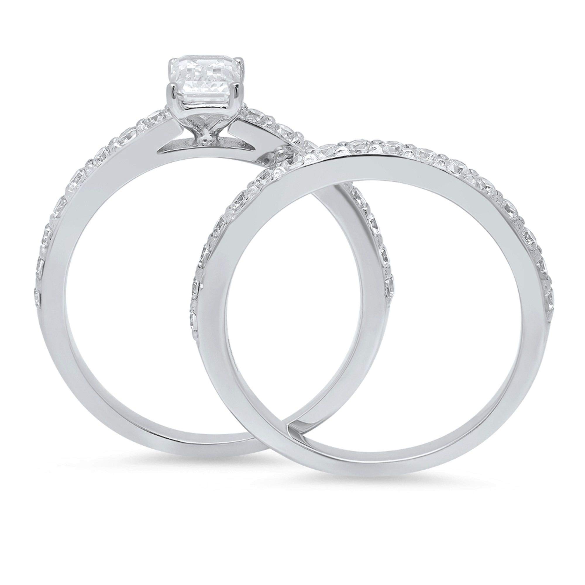 1.16 ct Emerald Cut Clear Simulated Diamond 14k White Gold Solitaire W/Accents Wedding Engagement Bridal Ring Band Set Sz 7