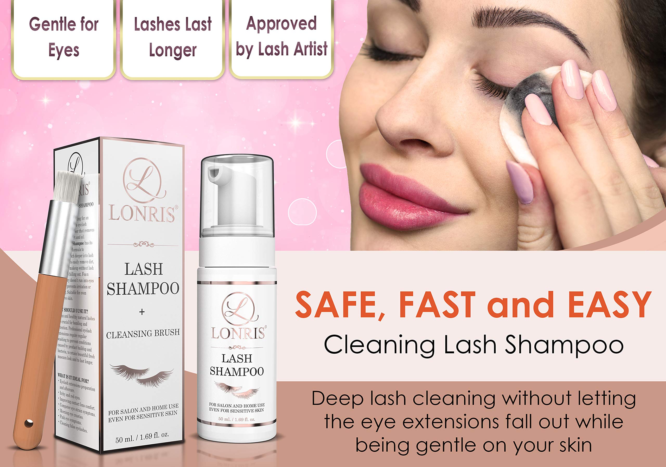 2 in 1 Eyelash Extension Shampoo & Mascara Remover/LONRIS Eyelid Foaming Cleanser/Extensions and Natural Lashes Safe Foam/False Eyelashes Makeup Wash/Paraben & Sulfate Free/Personal and Salon Use 50ml