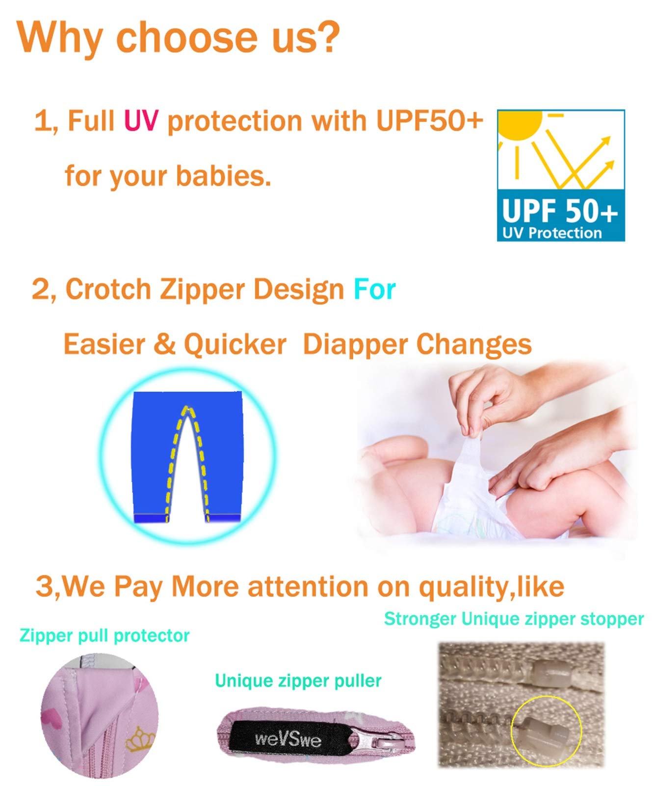 weVSwe Baby Toddler Sun Protection Rash Guard One Piece Pink Heart Girls Swimsuit Crotch Zipper for Easy Diaper Changes Newborn