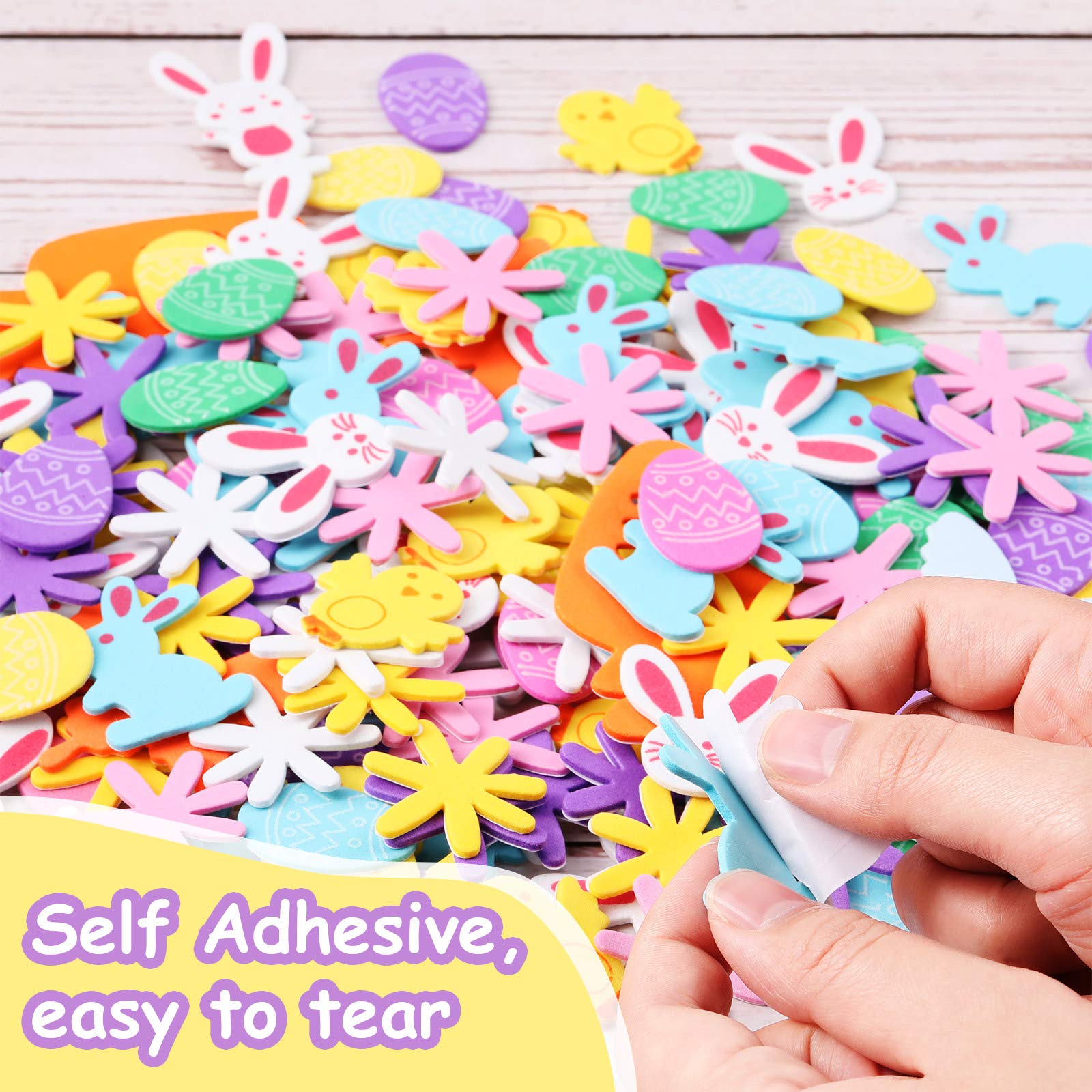 12 Pieces DIY Easter Foam Stickers Self-Adhesive Big Easter Egg Stickers and 300 Pieces Bunnies Chicks Flower Shaped Stickers for Kids Crafts Arts Party Supplies