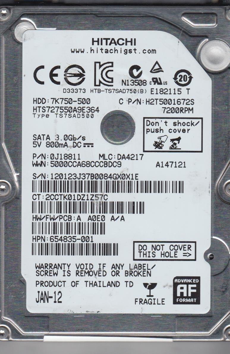HTS727550A9E364, PN 0J18811, MLC DA4217, Hitachi 500GB SATA 2.5 Hard Drive (Renewed)