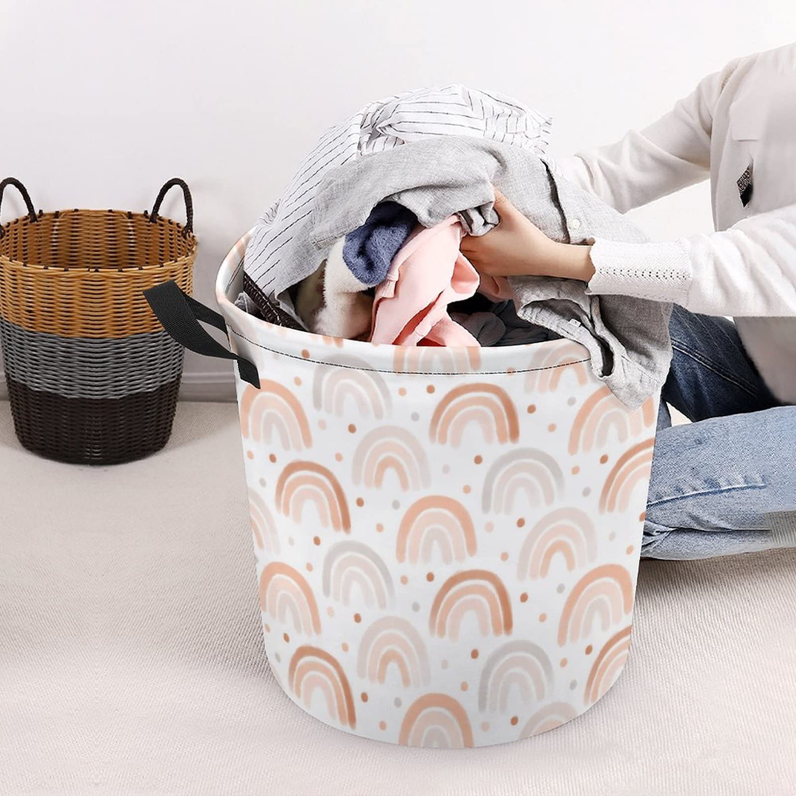 17.3 Inches Laundry Basket, Waterproof Collapsible Storage Basket, Round Dirty Clothes Hamper with Handles for Bedroom Room Toy Storage (Rainbow Cloud Abstract Boho)