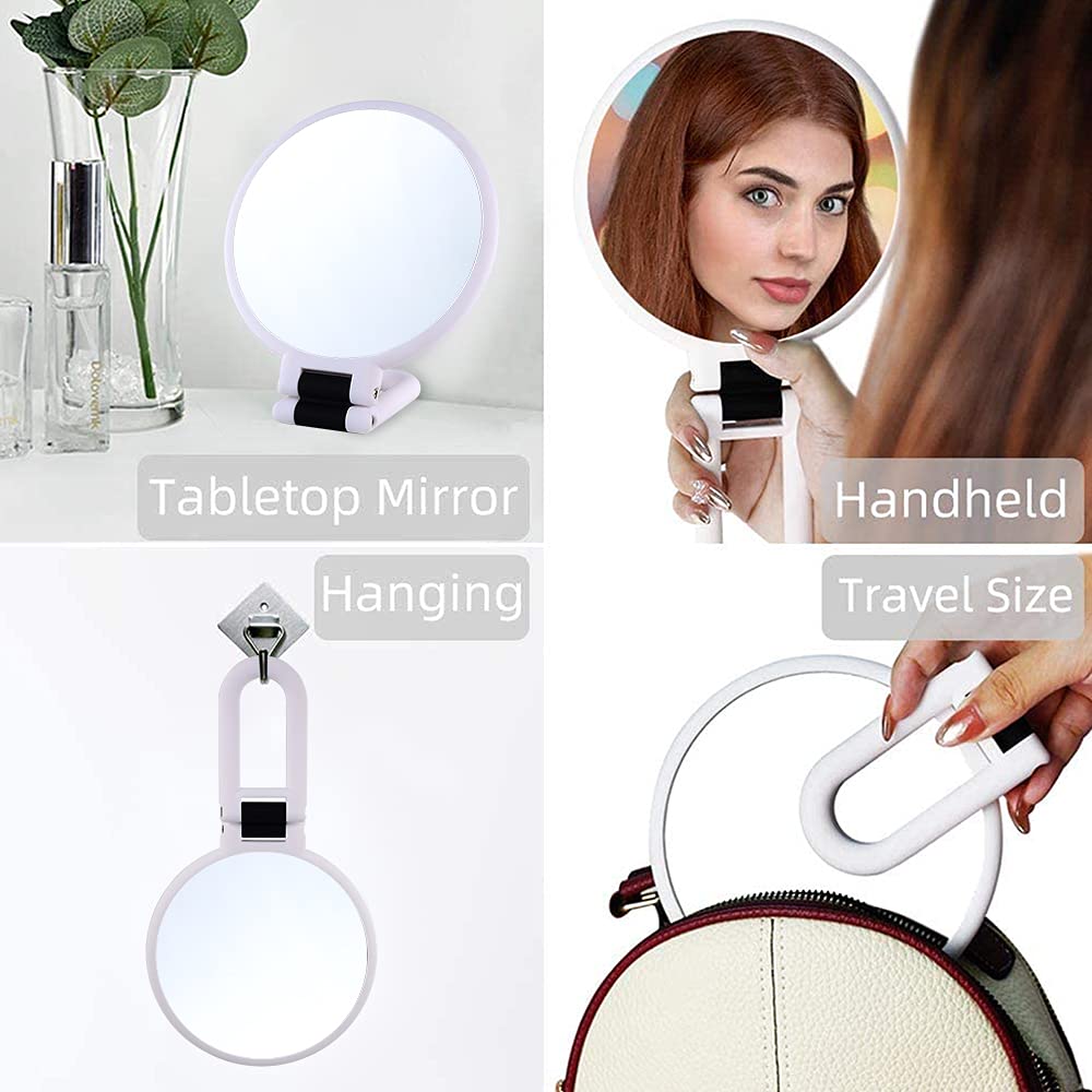 LOTIKO 1x 10x Magnifying Handheld Mirror,Travel Folding Hand Held Mirror,Double Sided Pedestal Magnification and True Image Makeup Mirror, Portable Vanity Cosmetic Mirror for Women (White)