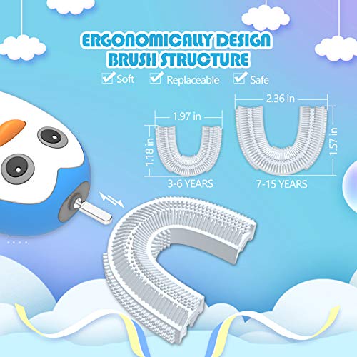 SHNOKER Electric Toothbrush with U-Shaped Toothbrush, with Charging Base Ultrasonic Automatic Toothbrush,IPX7 Waterproof,Three Clearing Modes,Cartoon Modeling Design for Kids (Blue 3-6 Year)
