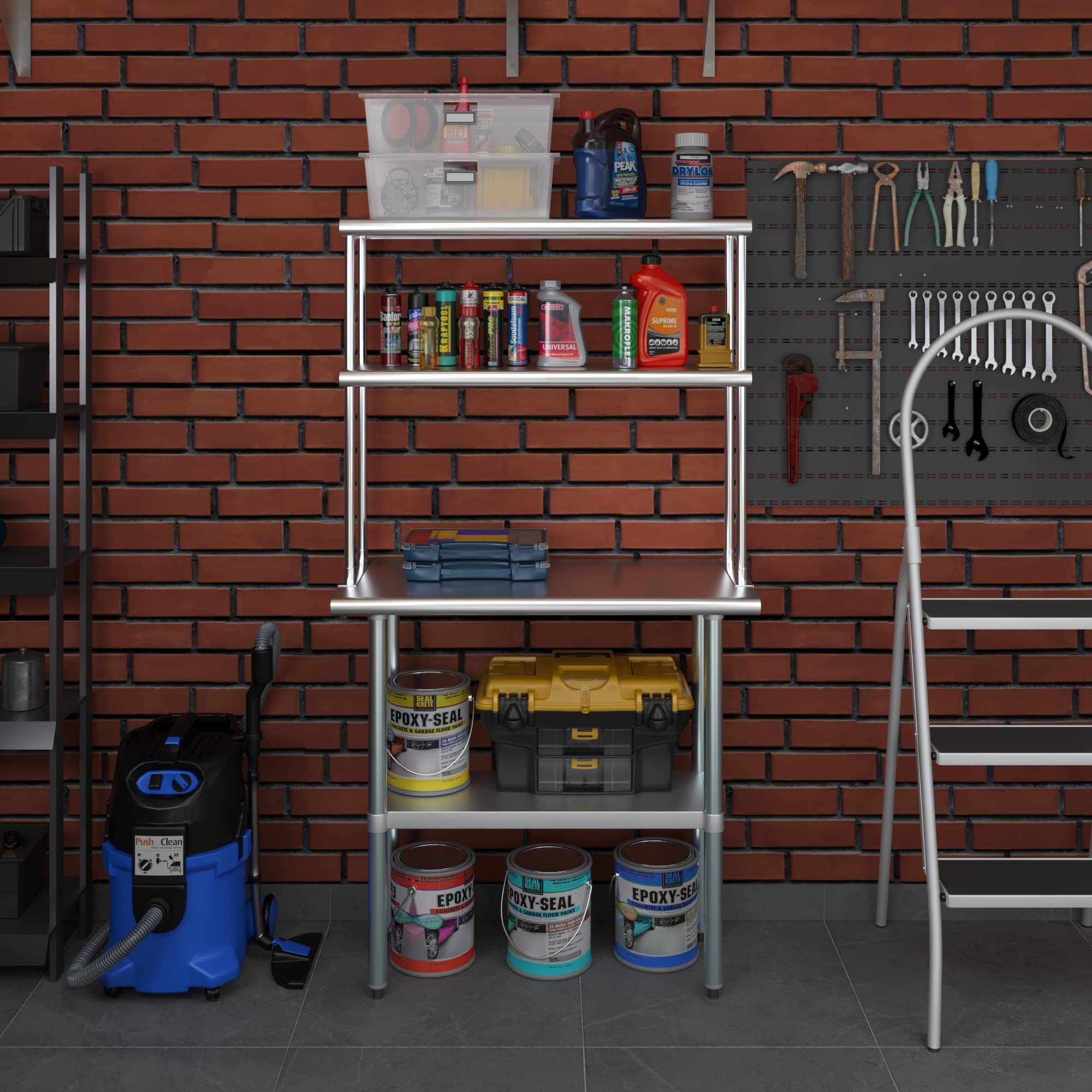 18" x 36" Stainless Steel Work Table with 12" Wide Double Tier Overshelf | Metal Kitchen Prep Table & Shelving Combo