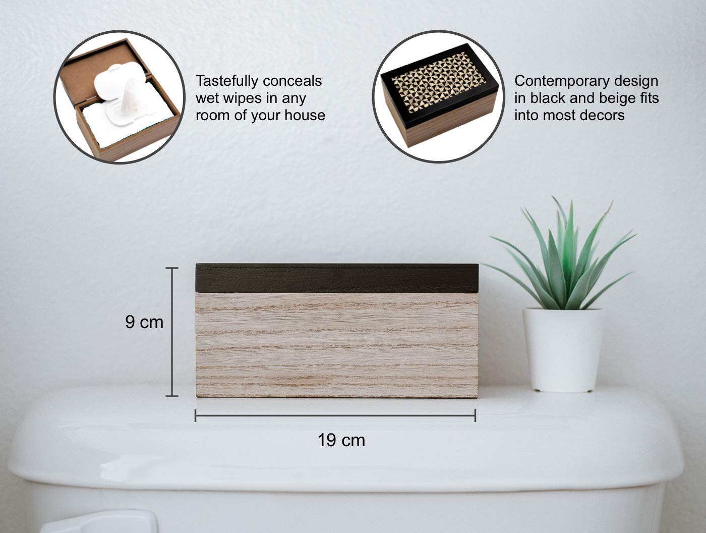 Bathroom Flushable Wipes Dispenser Decorative Wooden (MDF) Box Container to Conceal Diaper or Flushable Wipes 19cm x 12cm x 9cm Beige and Black