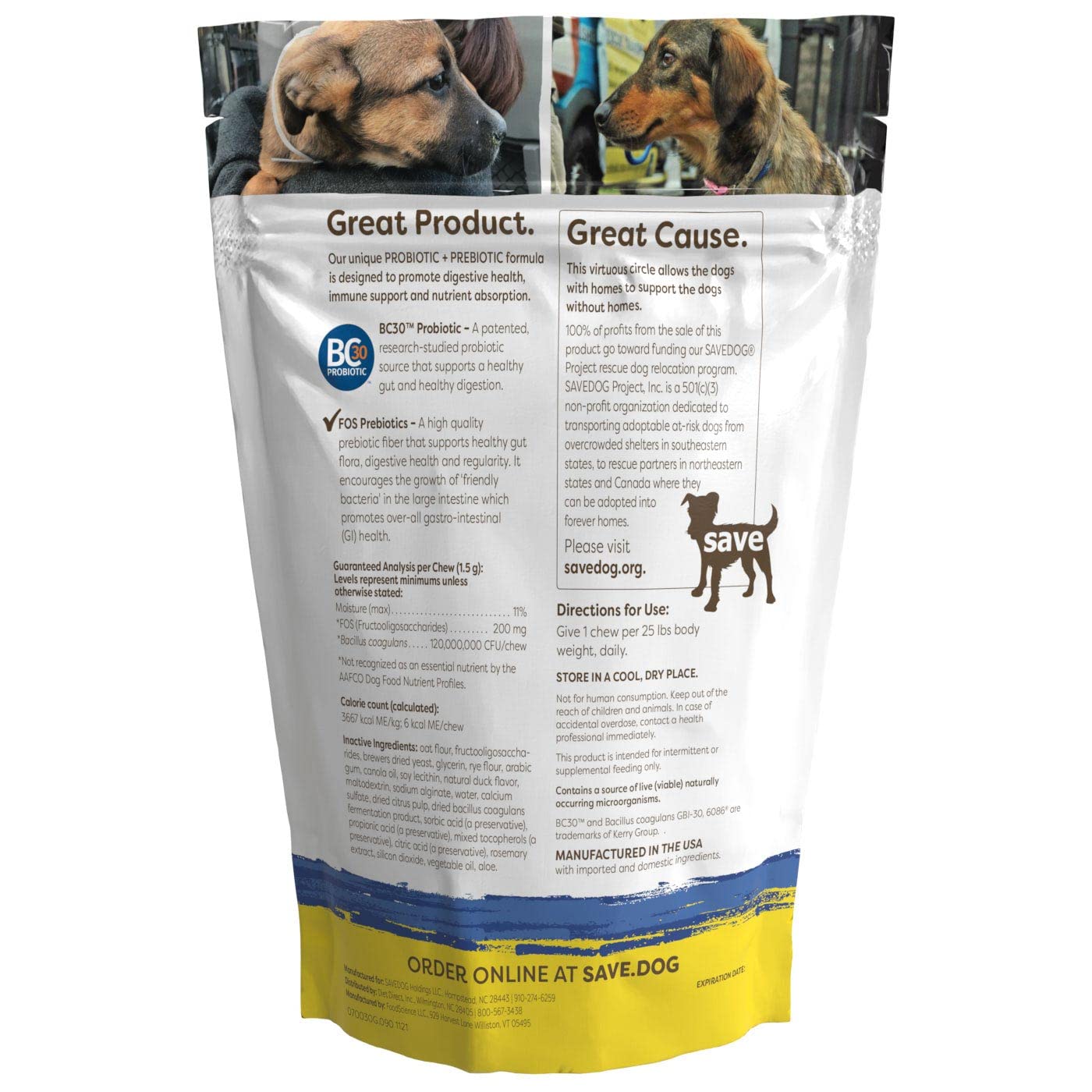 SAVE.DOG Probiotics for Dogs β Dog Probiotic Chews for Dogs with Clinically-Studied BC30 Probiotic + Prebiotic for Digestive & Immune Health - Dog Supplement with a Cause (90 Chews)