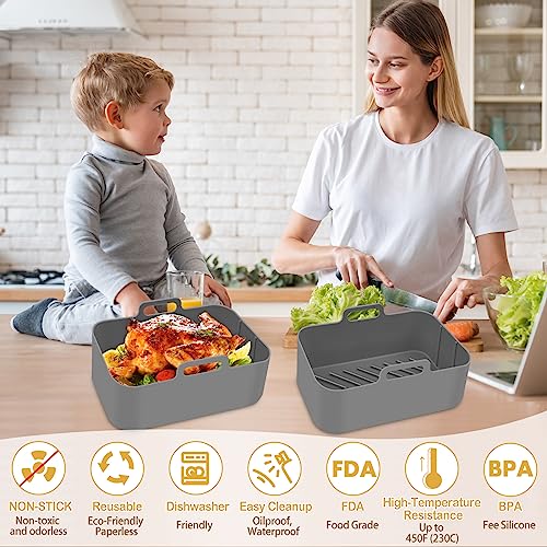2 Pcs Air Fryer Silicone Liners Rectangular for Ninja Foodi Dual Reusable Silicone Airfryer Liner Rectangle Silicone Air Fryer Oven Basket (8.46 * 5.9 inch (10 QT), DZ401 - Red)