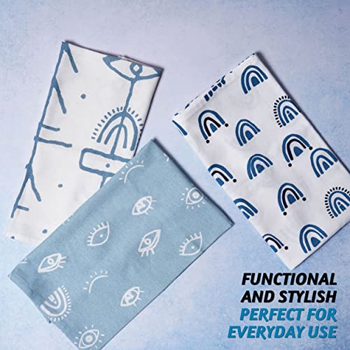 Folkulture Cotton Kitchen Towels and Dishcloths Set with Hanging Loop, Set of 3 Flour Sack Dish Towels and Dish Cloths for Drying Dishes, Highly Absorbent Decorative Tea Towels, 20 x 26 Inches, Mystic
