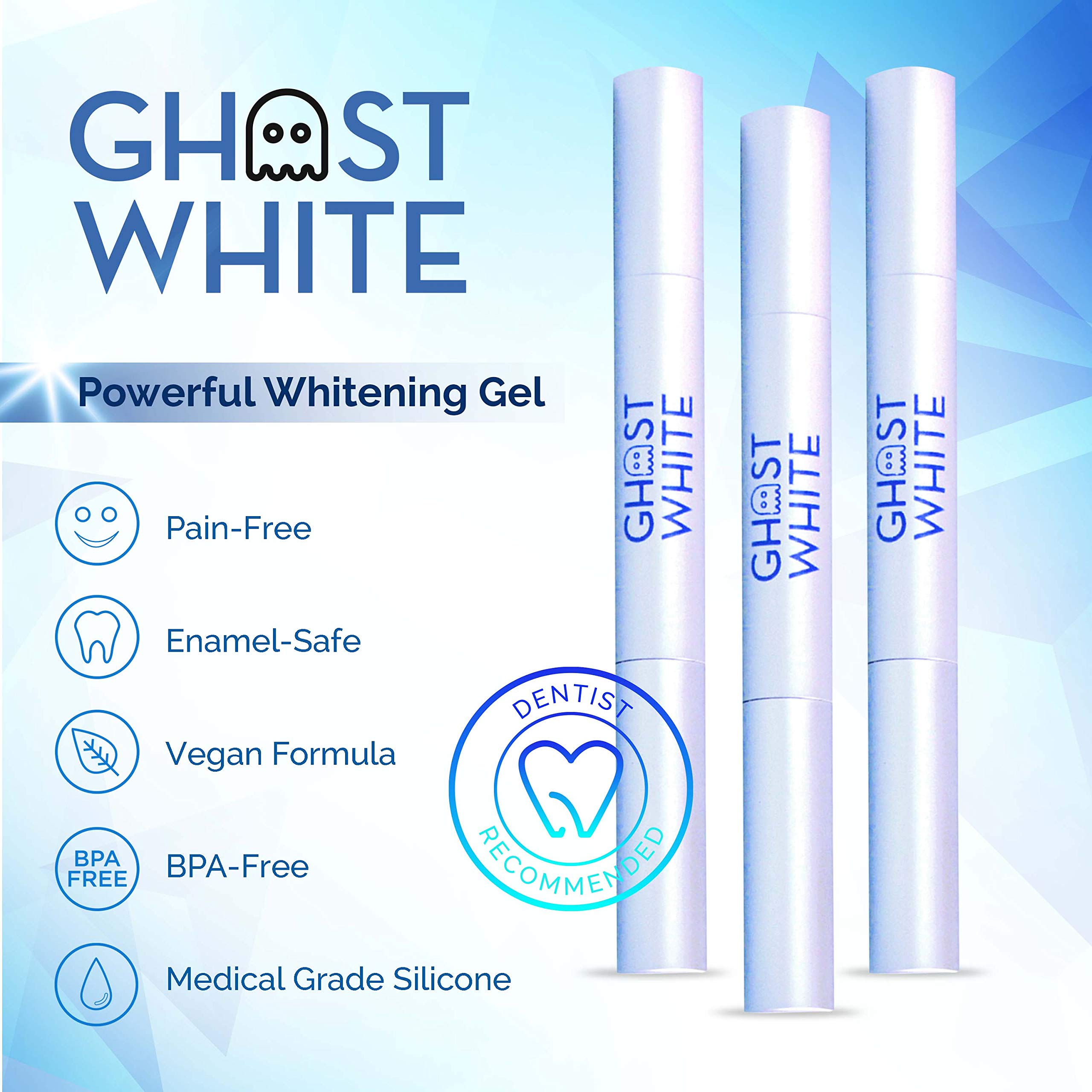 Ghost White Teeth Whitening Kit - Professional LED Light for Whiter Teeth Without Sensitivity, Includes 3 Smart Teeth Whitening Gel Refill Pens, Whitens in Less Than 10 Minutes