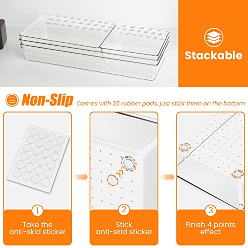 12 Pack Clear Plastic Drawer Organizer Set, Acrylic Non Slip Non Cracking Kitchen Drawer Storage Tray Large Size Divider, Multifunctional Storage for Cosmetics, Bathroom, Tools, Kitchen and Office