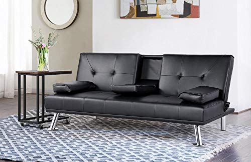 Topeakmart Living Room Futon Sofa Bed Faux Leather Sofa Couch Modern Convertible Folding Recliner with Cup Holders Living Room Furniture Sofa Black