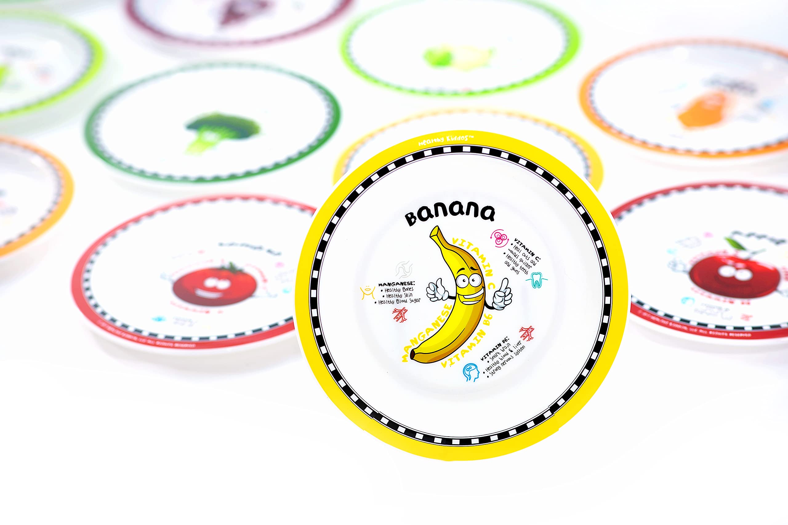 Healthy Kiddos Fruits & Vegetables Fun Plates For Kids 12 Pack | Educational, Non-Slip, Melamine & BPA Free, Eat Healthy Kids Nutrition Plate