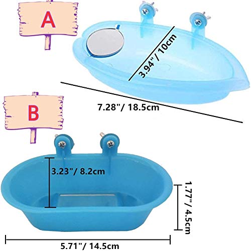 2 PCS Bird Bathtub with Mirror Toy Parrot Shower Tub Cleaning Tool Plastic Durable Odorless Cage Accessories for Small Parakeet Cockatiel Conure Lovebird Finch Budgie Canary
