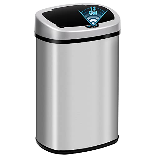 13 Gallon Automatic Trash Can with Lid, Touch Free Stainless Steel Kitchen Smart Garbage Can 50L High Capacity Electronic Sensor Trash/ Waste Bin for Room Kitchen Office, Silver