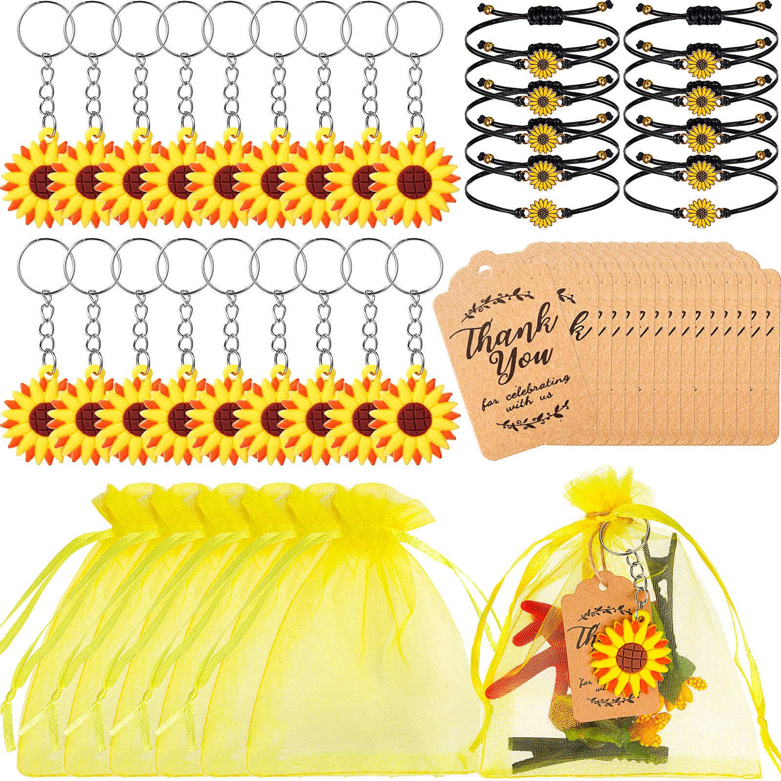 170 Pcs Sunflower Party Favors Include Sunflower Keychains Adjustable Sunflower Bracelets Thank You Kraft Tags Organza Bags for Birthday Summer Party Wedding School Reward Baby Shower Return Gifts