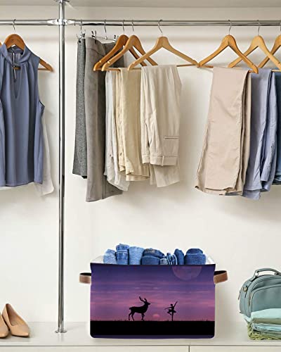 1 Pack Forest Deer Cube Storage Organizer Bins with Handles,Collapsible Canvas Cloth Fabric Storage Basket,Wild Purple Starry Sky Sunset Dancing Women Books Kids' Toys Bin Boxes for Shelves,Closet